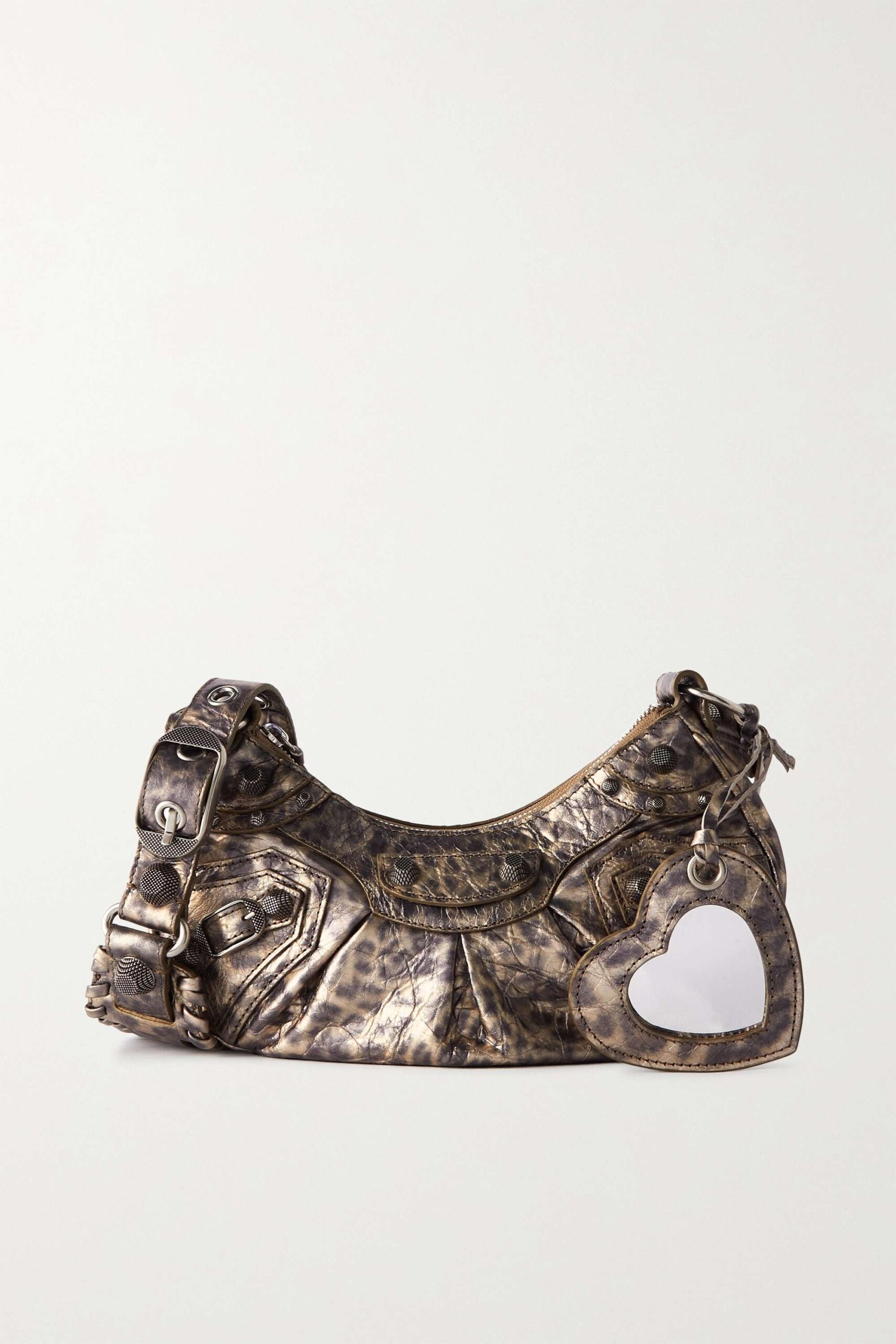 BALENCIAGA Le Cagole Xs Studded Leopard-print Metallic Crinkled-leather ...