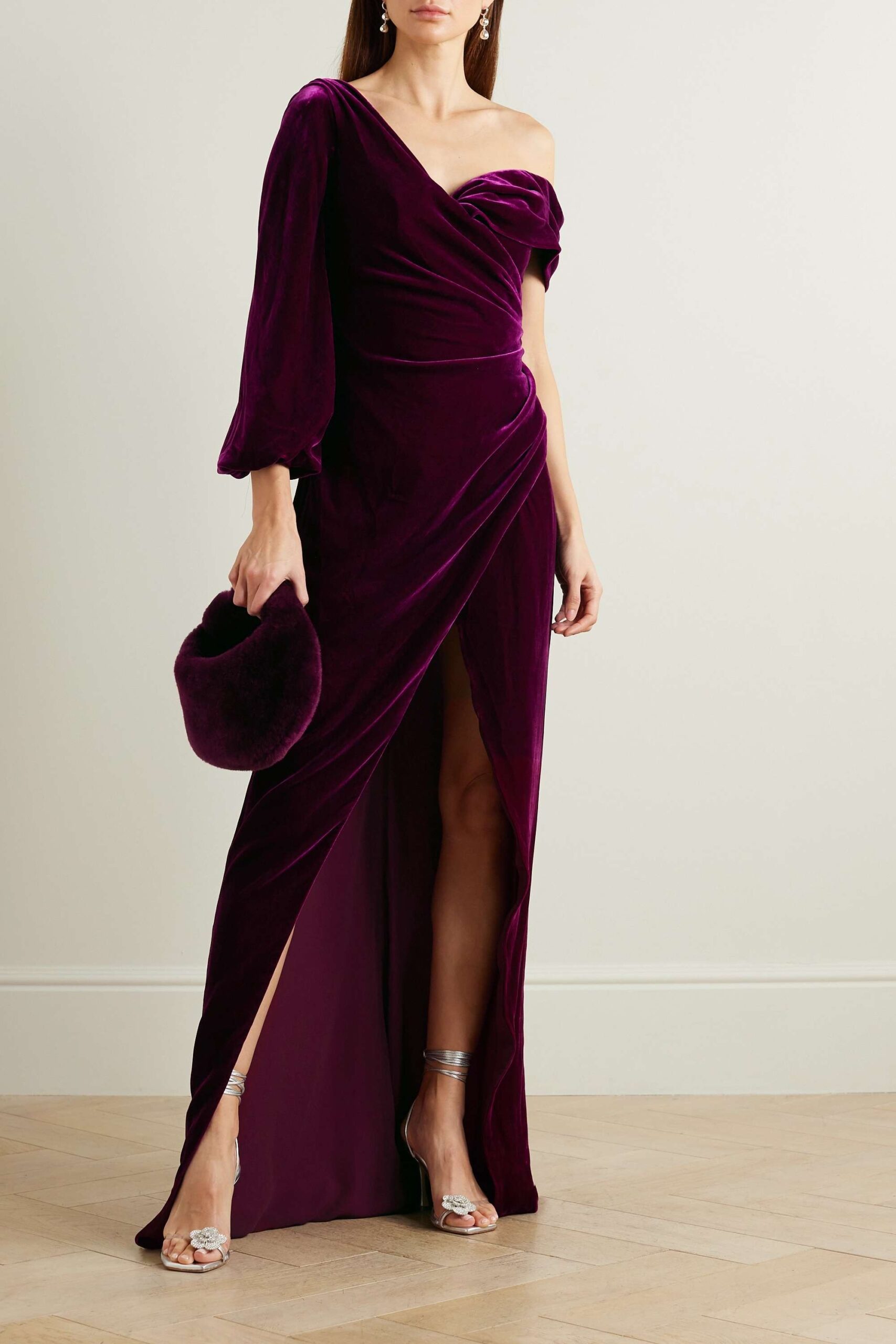 COSTARELLOS One-shoulder Draped Velvet Gown - We Select Dresses