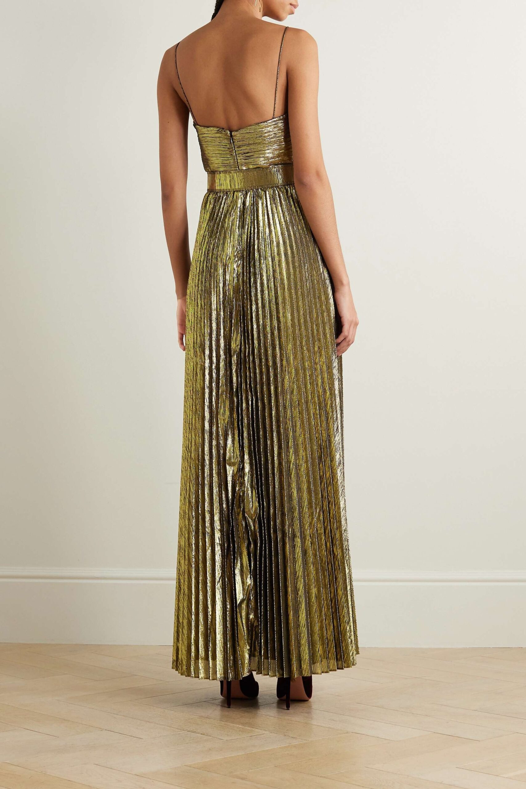 REBECCA VALLANCE Josie Belted Metallic Plissé-lamé Gown - We Select Dresses