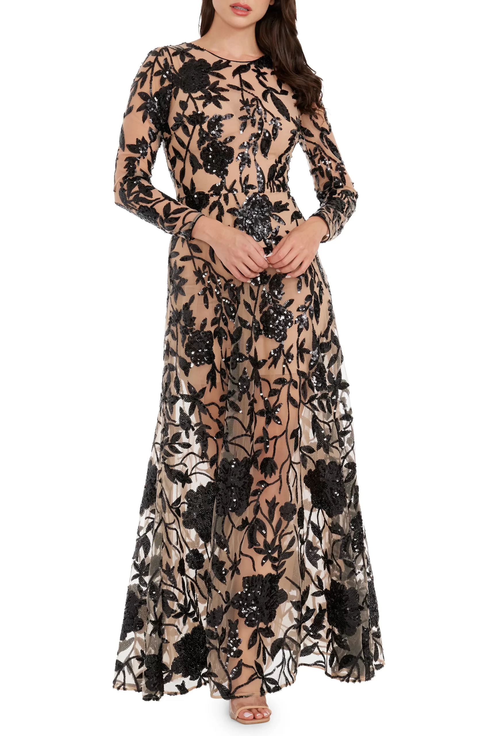 DRESS THE POPULATION Ava Sequin Floral Embroidered Long Sleeve Gown ...