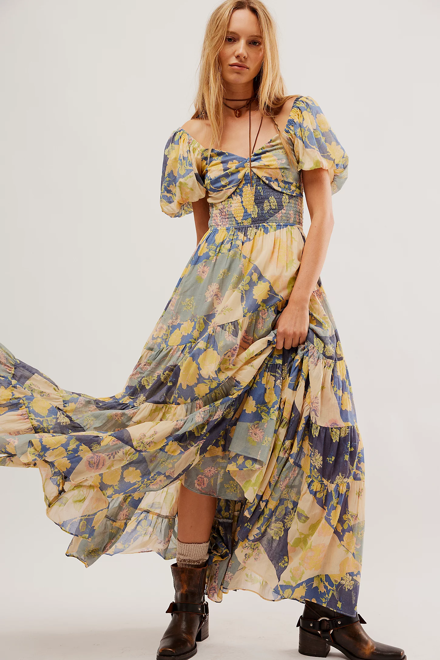 FREE PEOPLE Blue Sundrenched Short-Sleeve Maxi Dress - We Select Dresses