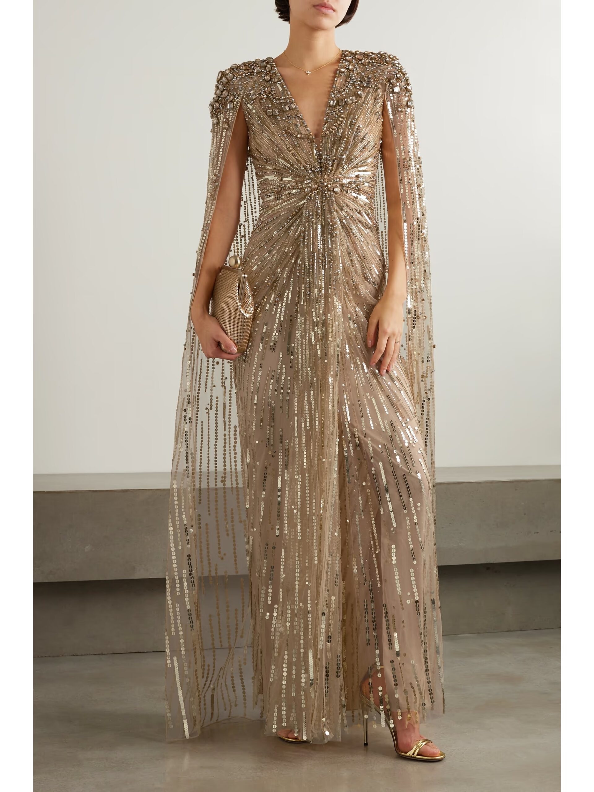 JENNY PACKHAM Lotus Cape-effect Embellished Sequined Tulle Gown - We ...