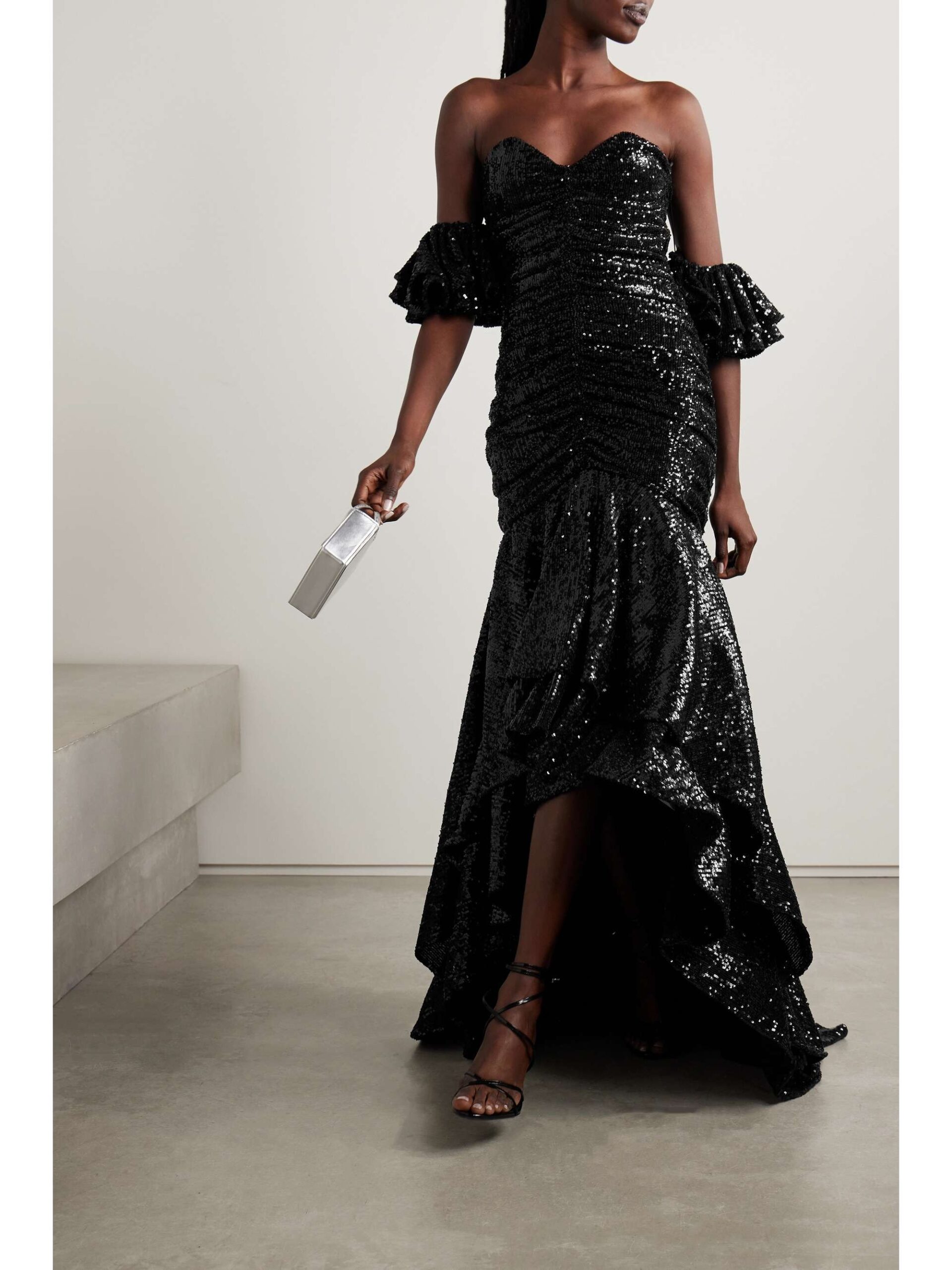 NERVI Crown Off-the-shoulder Asymmetric Ruched Sequined Tulle Gown - We ...