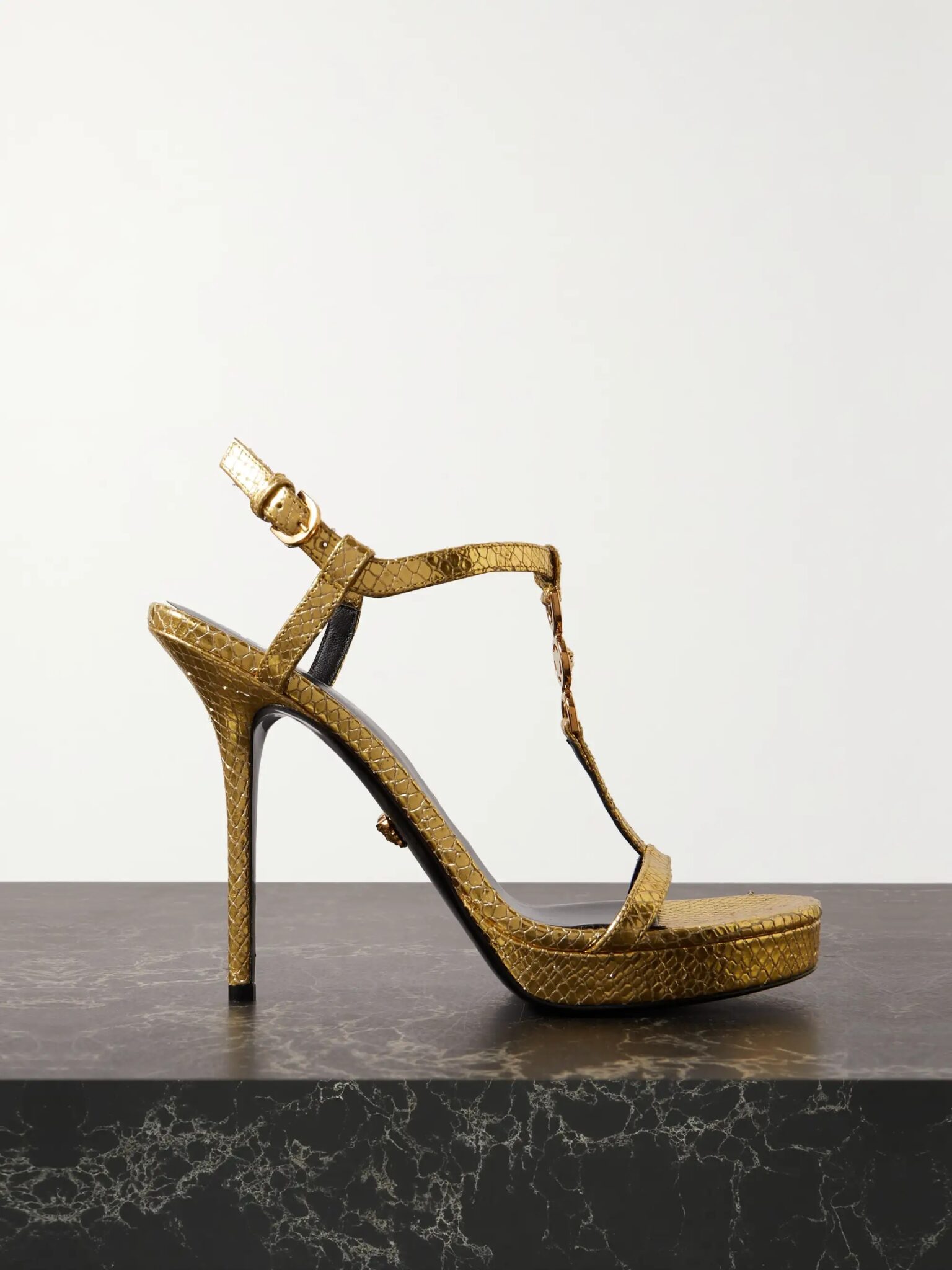 VERSACE Embellished Metallic Snake-effect Leather Sandals - We Select ...
