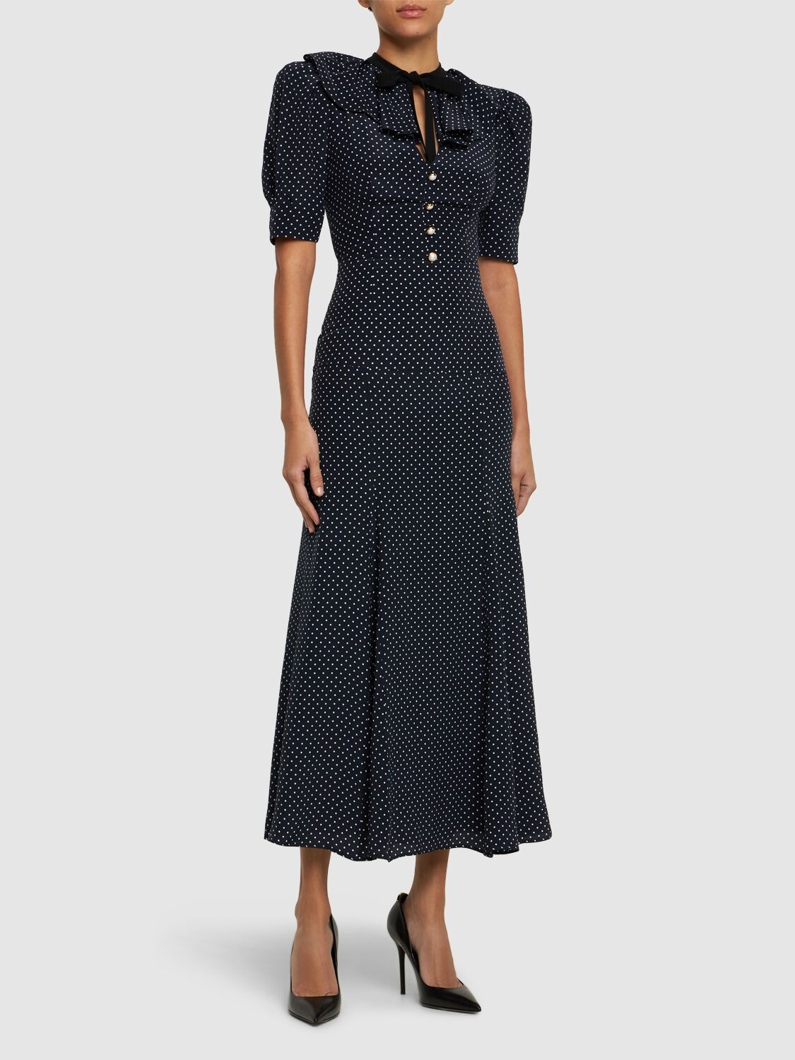 ALESSANDRA RICH Polka Dot Silk Short Sleeve Long Dress - We Select Dresses