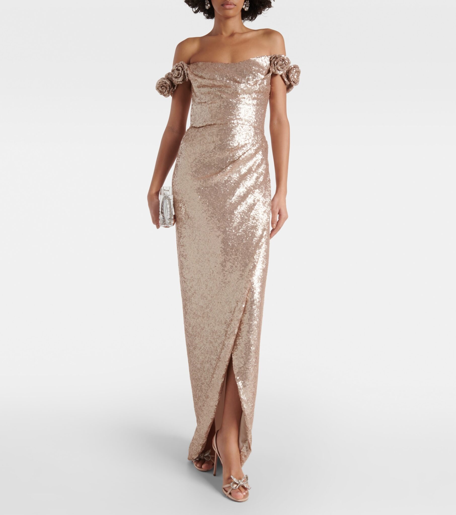 COSTARELLOS Metallic Vespera Off-shoulder Sequined Gown - We Select Dresses