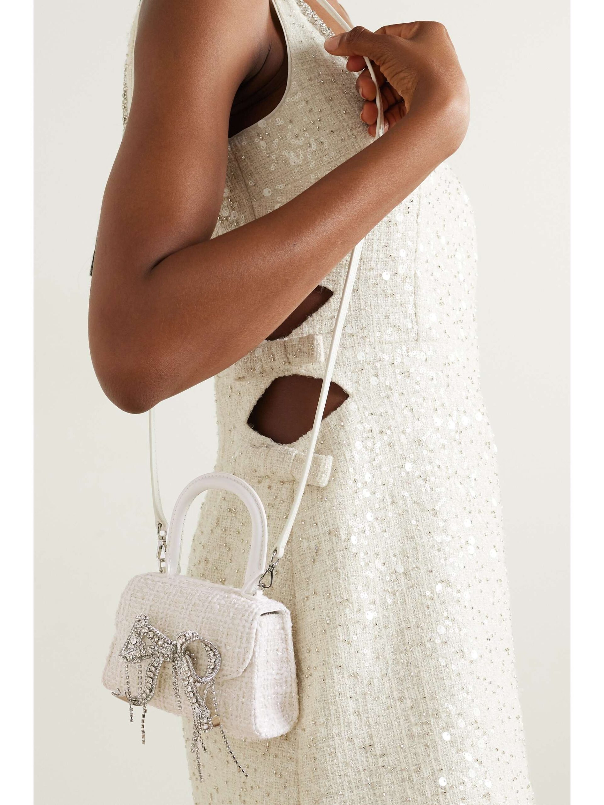 SELF-PORTRAIT The Micro Bow Mini Crystal-embellished Bouclé Tote - We ...