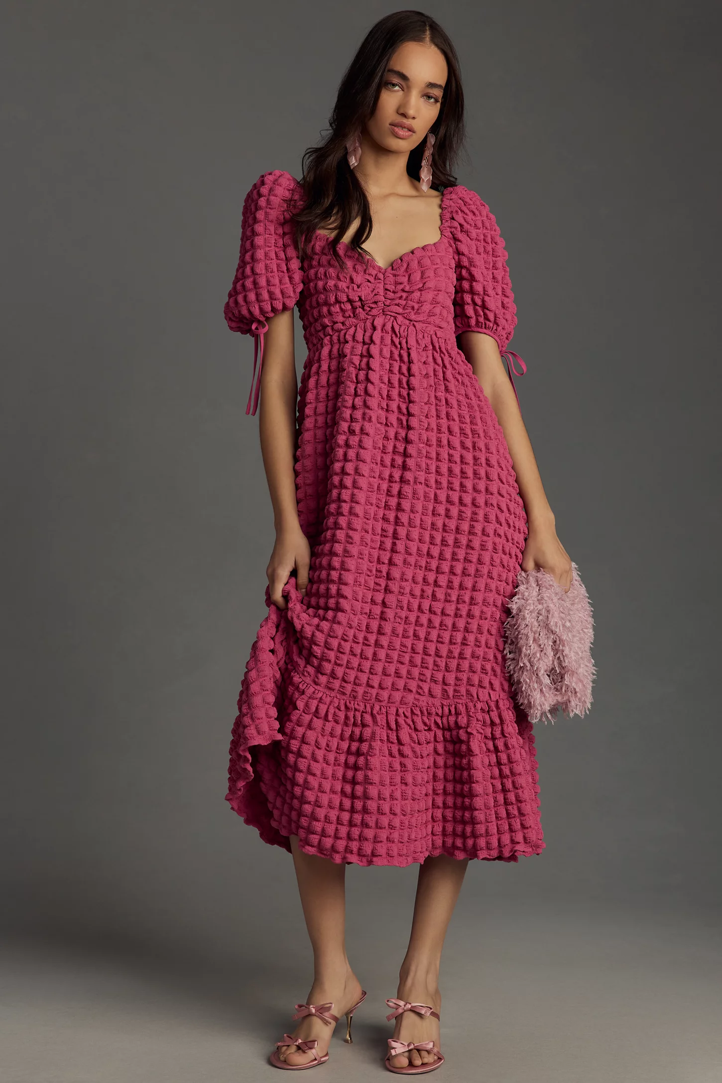 ENDLESS ROSE Puff-Sleeve Sweetheart Textured Midi Dress - We Select Dresses