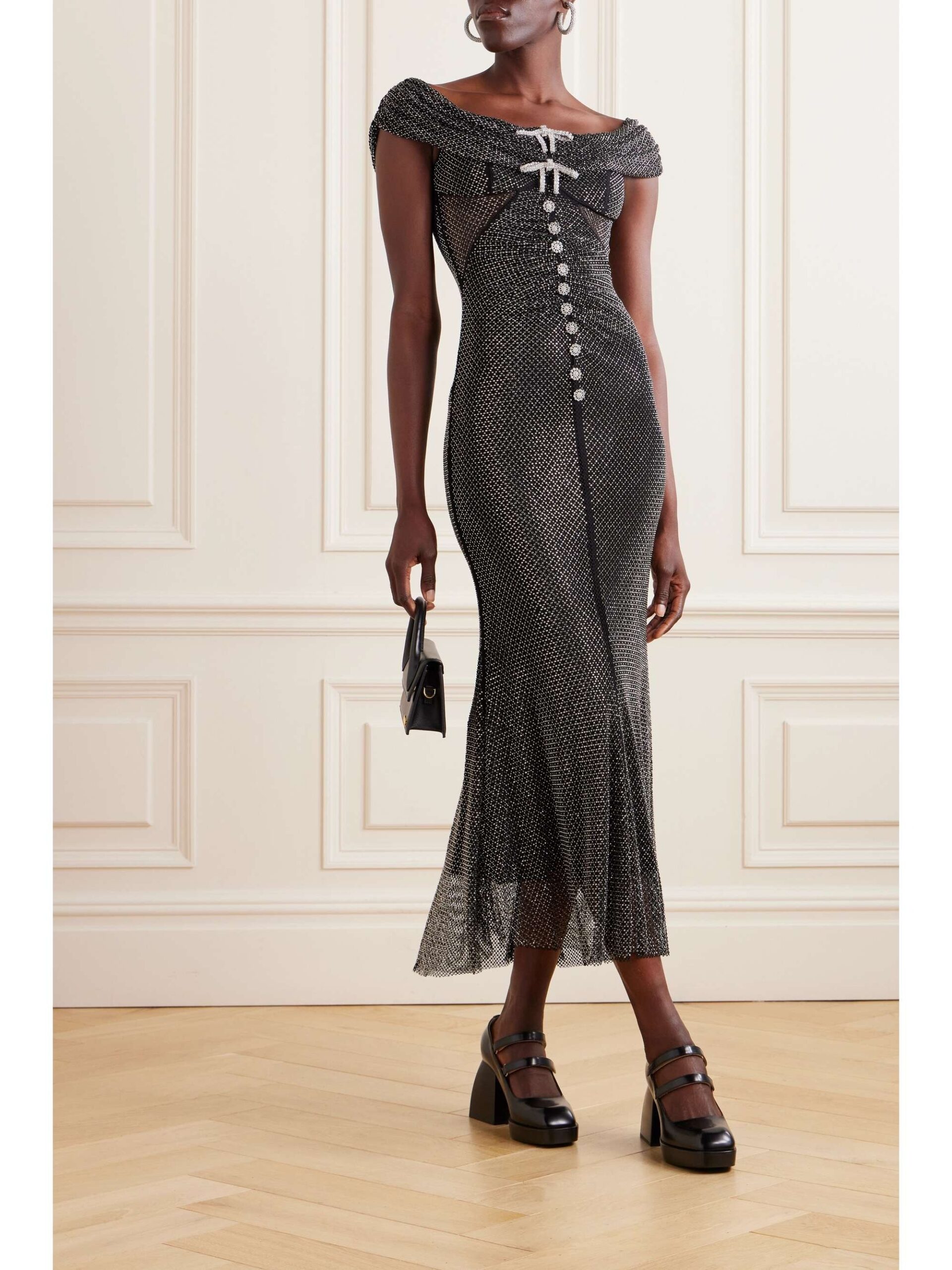 SELF-PORTRAIT Off-the-shoulder Crystal-embellished Fishnet Midi Dress ...