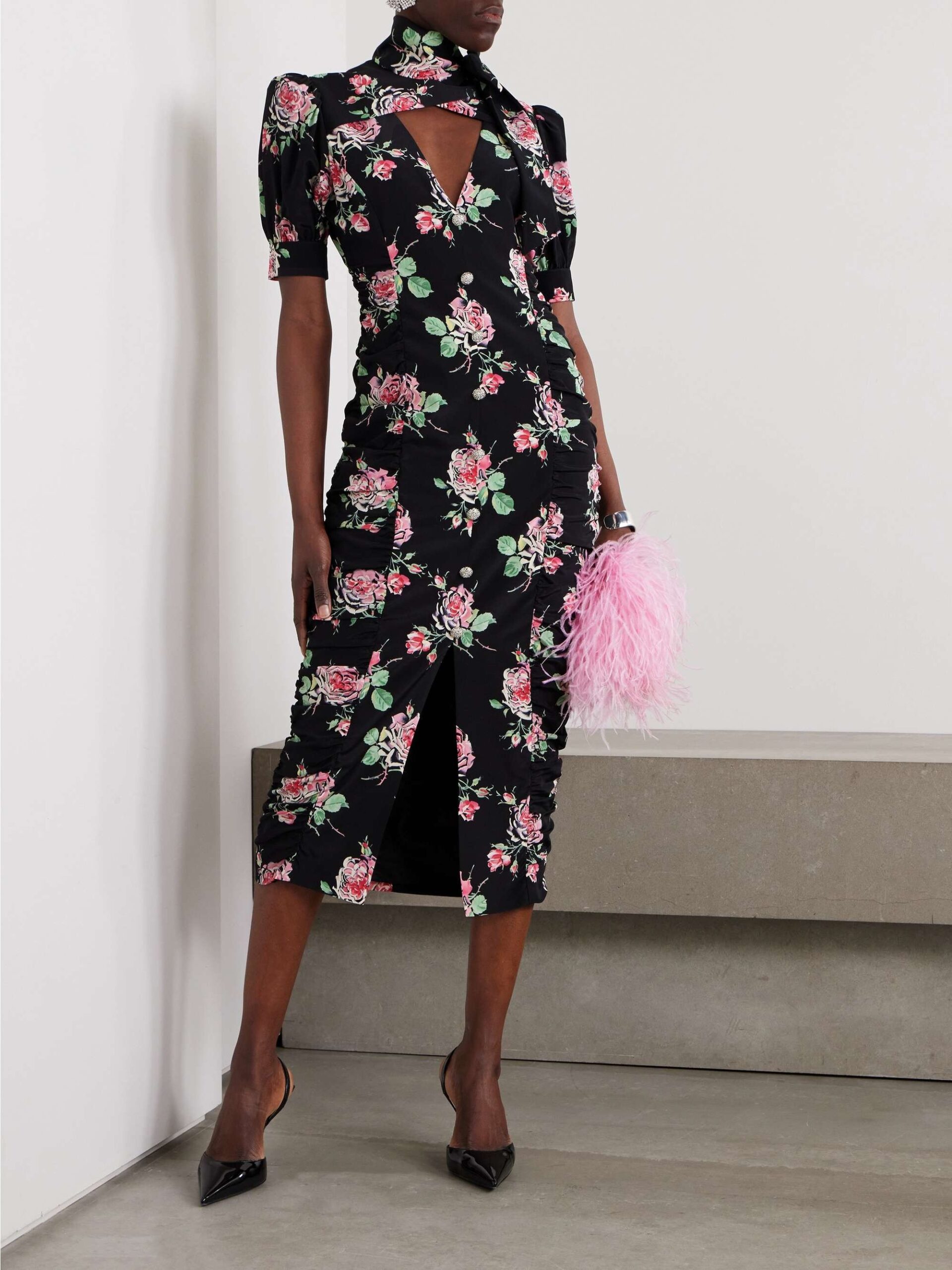 ALESSANDRA RICH Bow-detailed Embellished Draped Floral-print Silk Midi ...