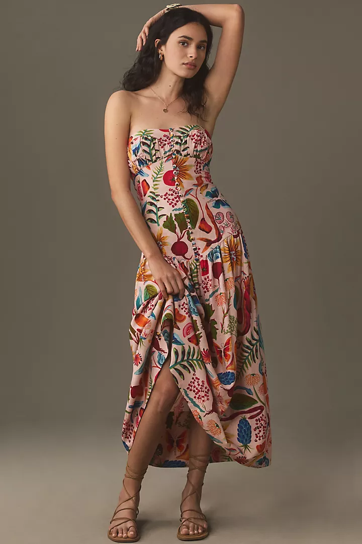 FARM RIO Strapless Linen Midi Dress - We Select Dresses