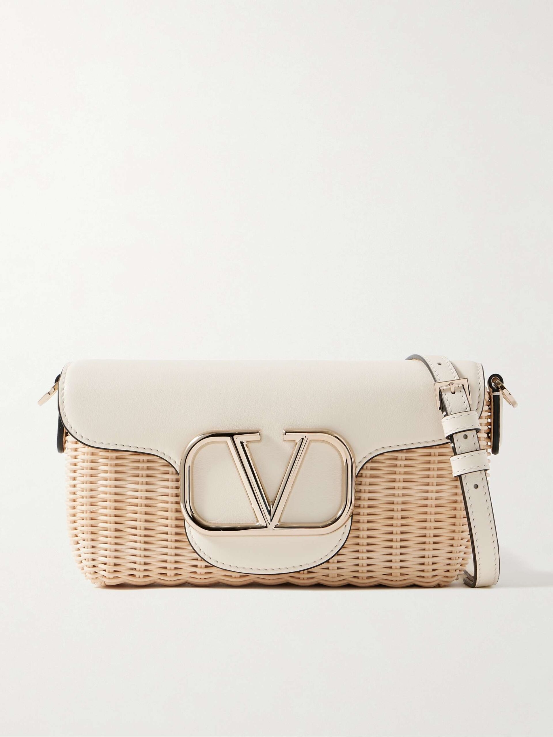VALENTINO GARAVANI Locò Embellished Leather-trimmed Raffia Shoulder Bag ...