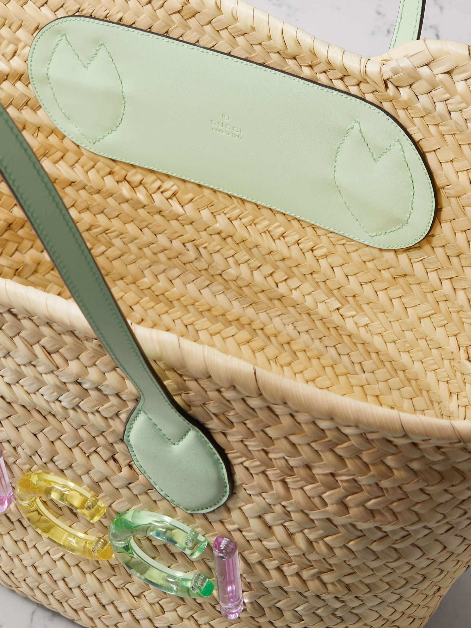 GUCCI Leather-trimmed Embellished Raffia Tote - We Select Dresses