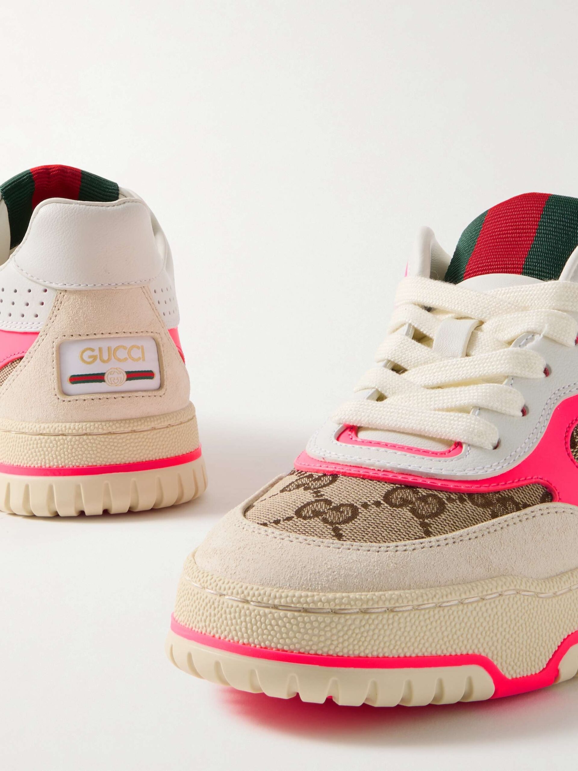 GUCCI Re-web Suede, Neon Leather And Canvas-jacquard Sneakers - We ...