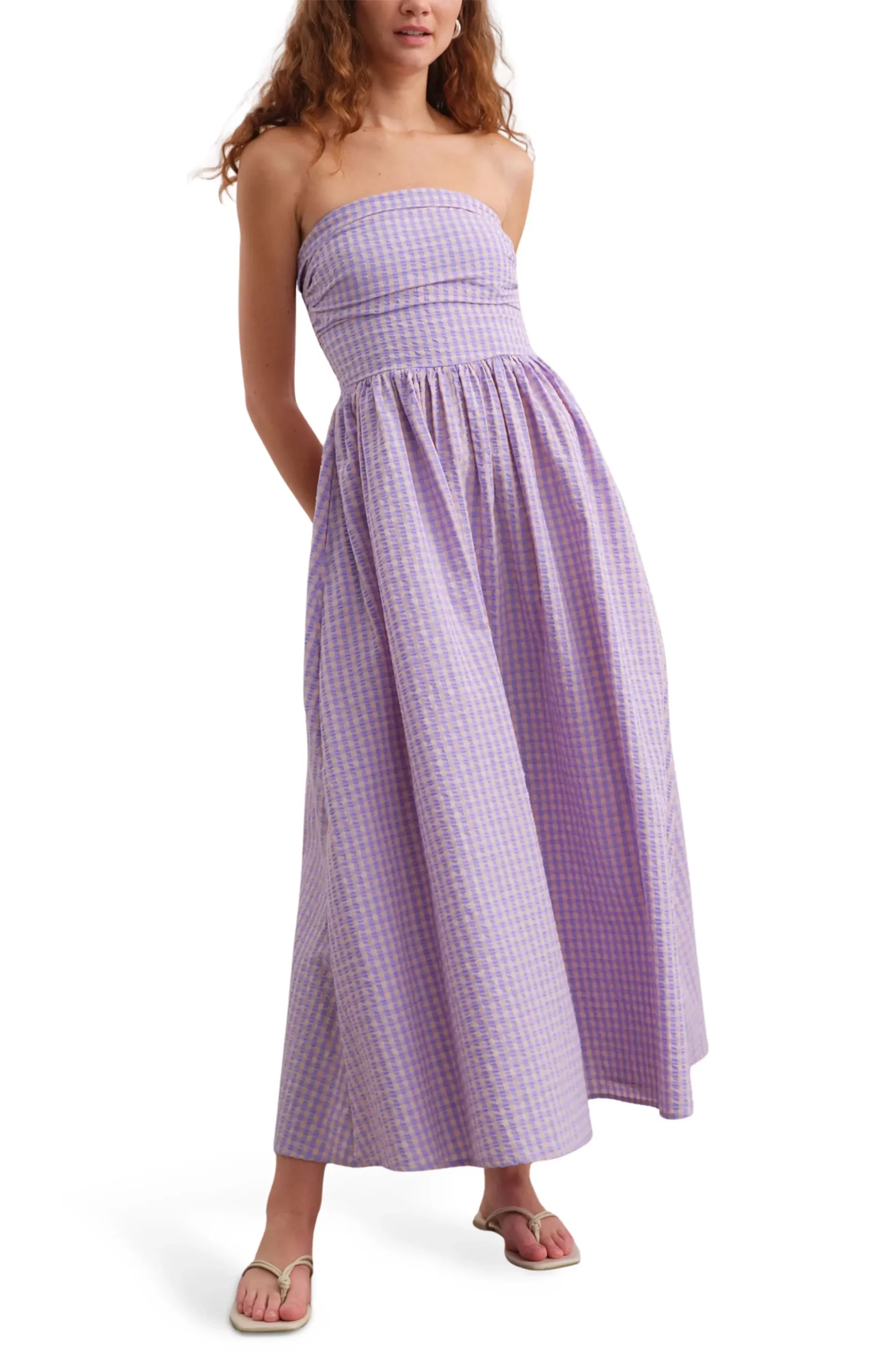 NEXT Strapless Gingham Seersucker Midi Dress - We Select Dresses