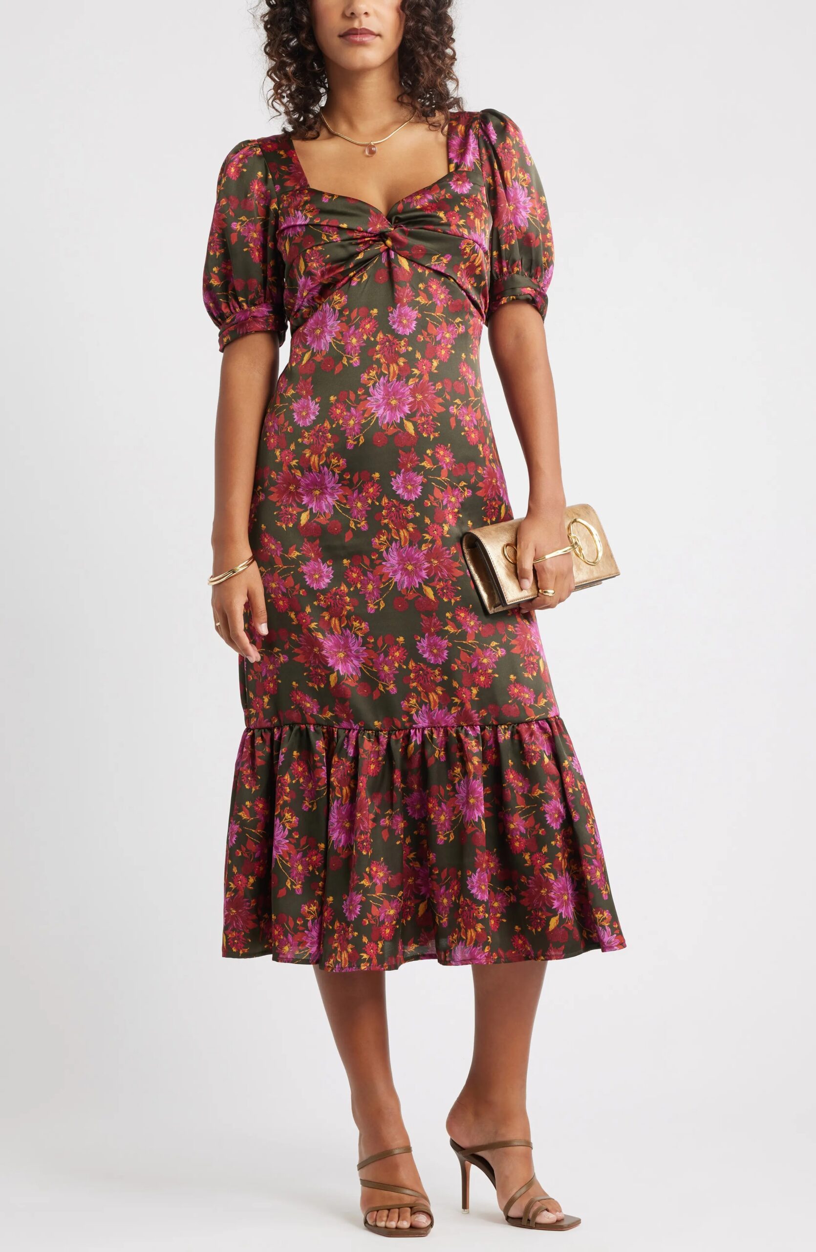 CHELSEA28 Twist Front Puff Sleeve Satin Midi Dress - We Select Dresses